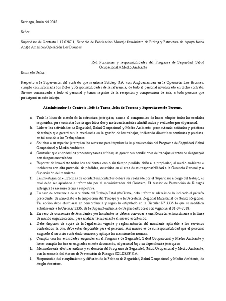 Carta de Roles y Responsabilidades Supervisor | PDF | Seguridad y salud ...