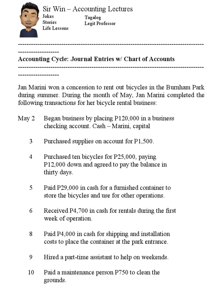 Accounting Cycle Journal Entries With Chart of Accounts | PDF | Expense ...