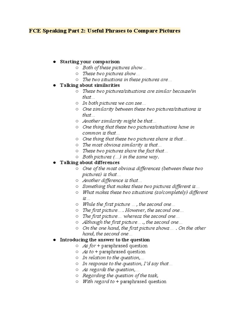 FCE Speaking Part 2 - Useful Phrases To Compare Pictures | PDF ...
