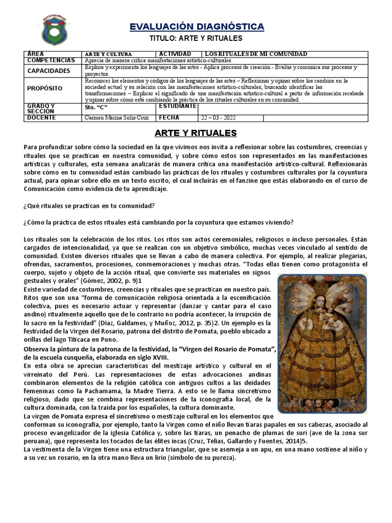 Evaluación Diagnóstica Arte Y Cultura 5° Pdf Rituales Evaluación 0779