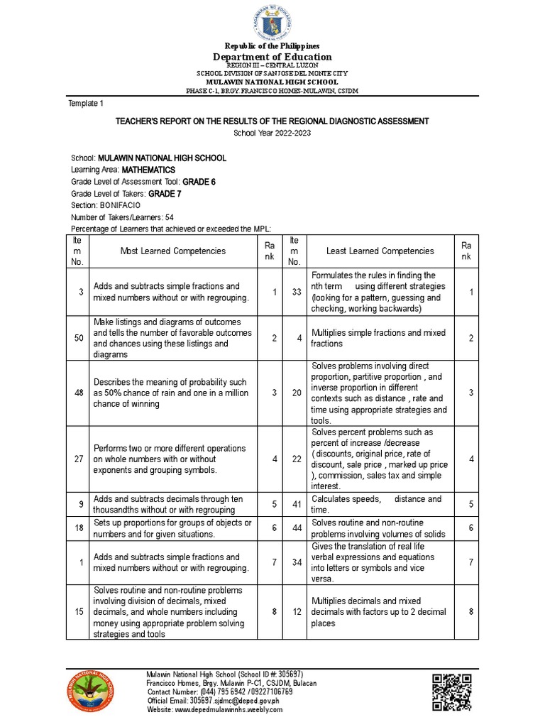 Rda Report Template GR 7 | PDF | Subtraction | Percentage