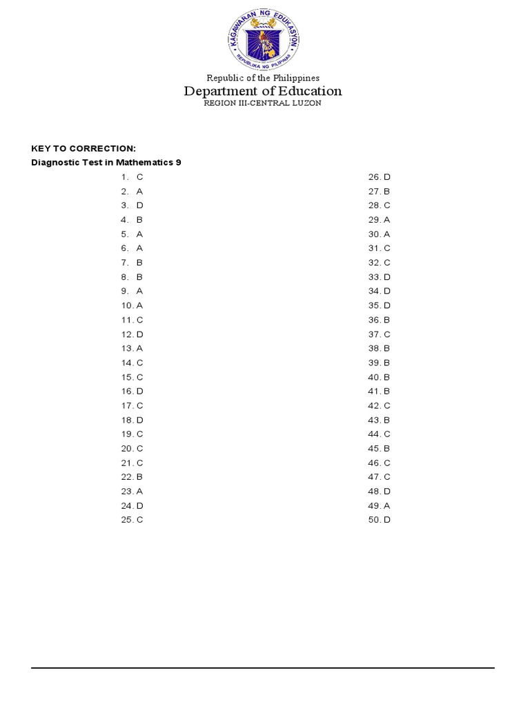 Math 9 Diagnostic Test Answer Key | PDF