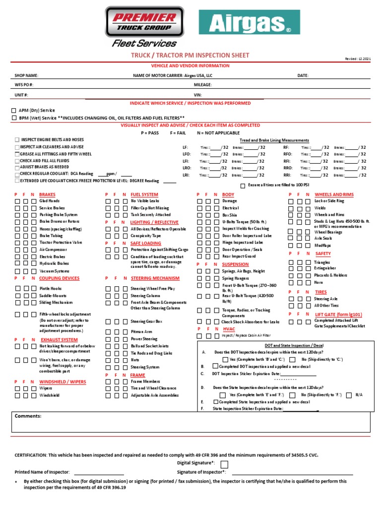 Truck PM Inspection and Maintenance Checklist | PDF | Steering | Tire