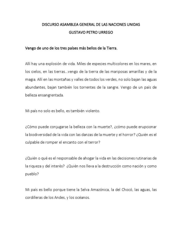 Discurso ONU. Gustavo Petro Urrego. COL | PDF | Selva | Selva amazónica