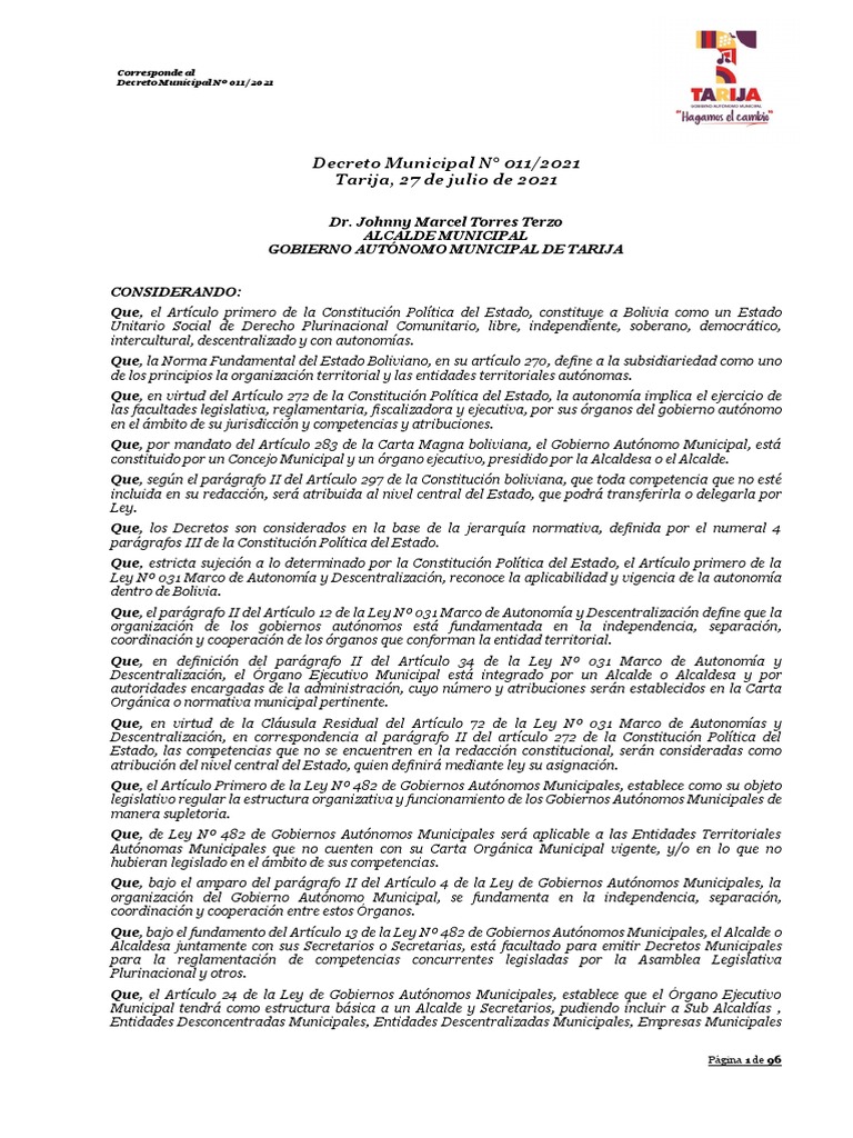 Decreto Municipal 011-2021 - Estructura 2021 | PDF | Alcalde | Auditoría