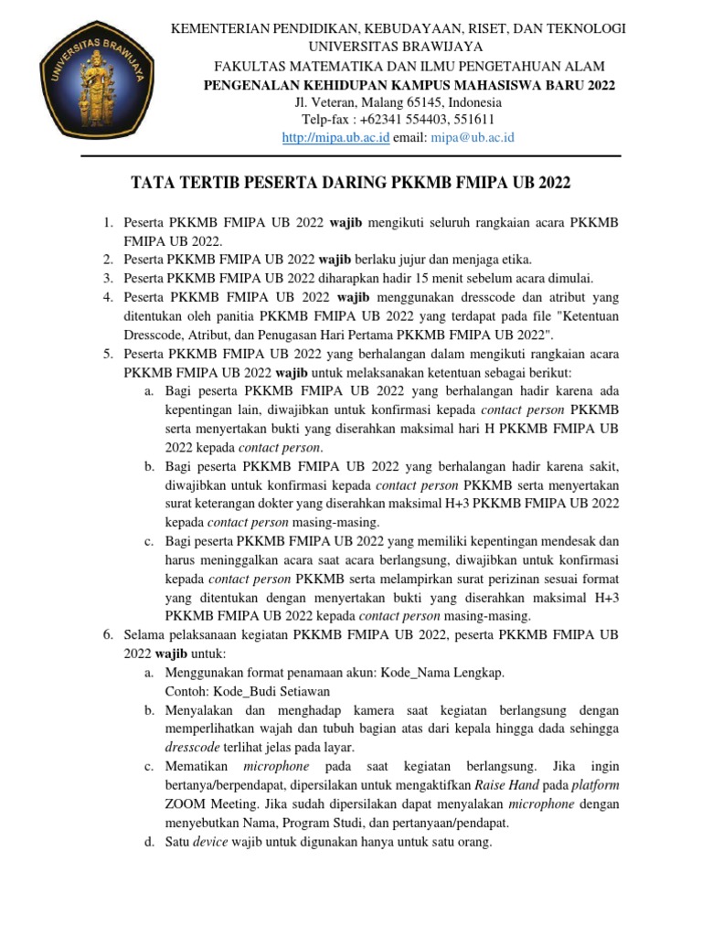 Tata Tertib Peserta Daring PKKMB FMIPA UB 2022 | PDF