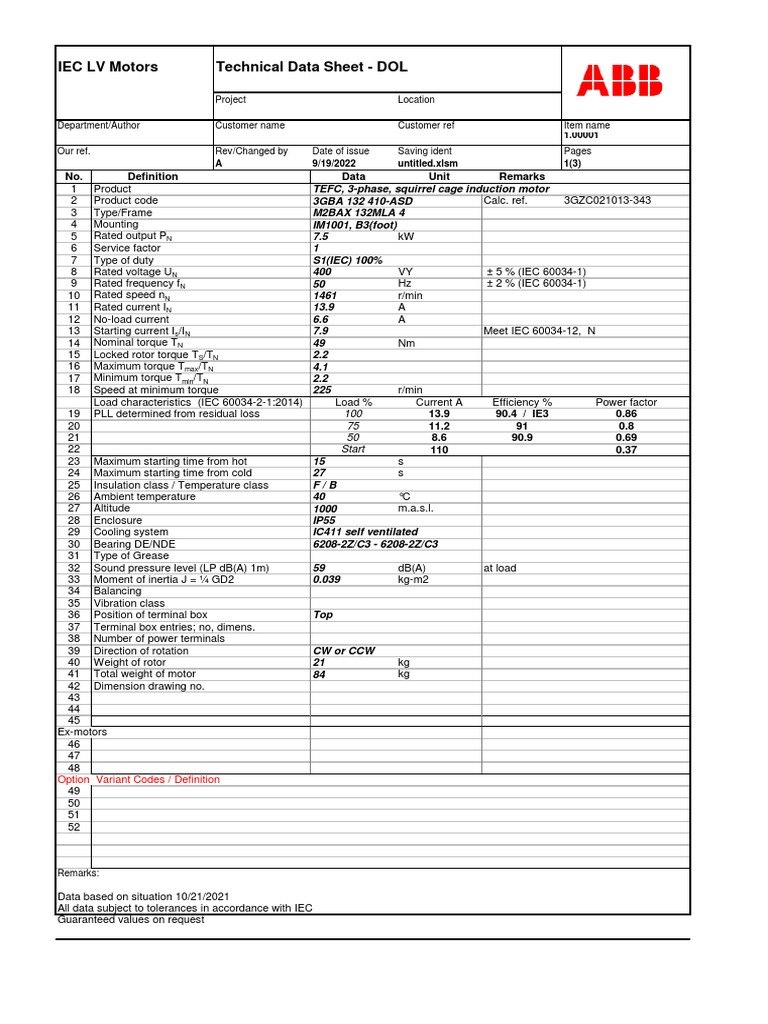 IEC LV Motors Technical Data Sheet - DOL: No. Data Unit Remarks ...