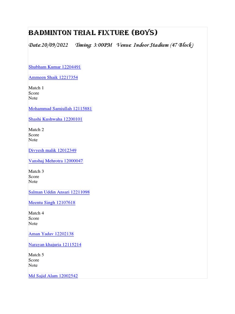 Badminton Trial Fixture (Boys) | PDF