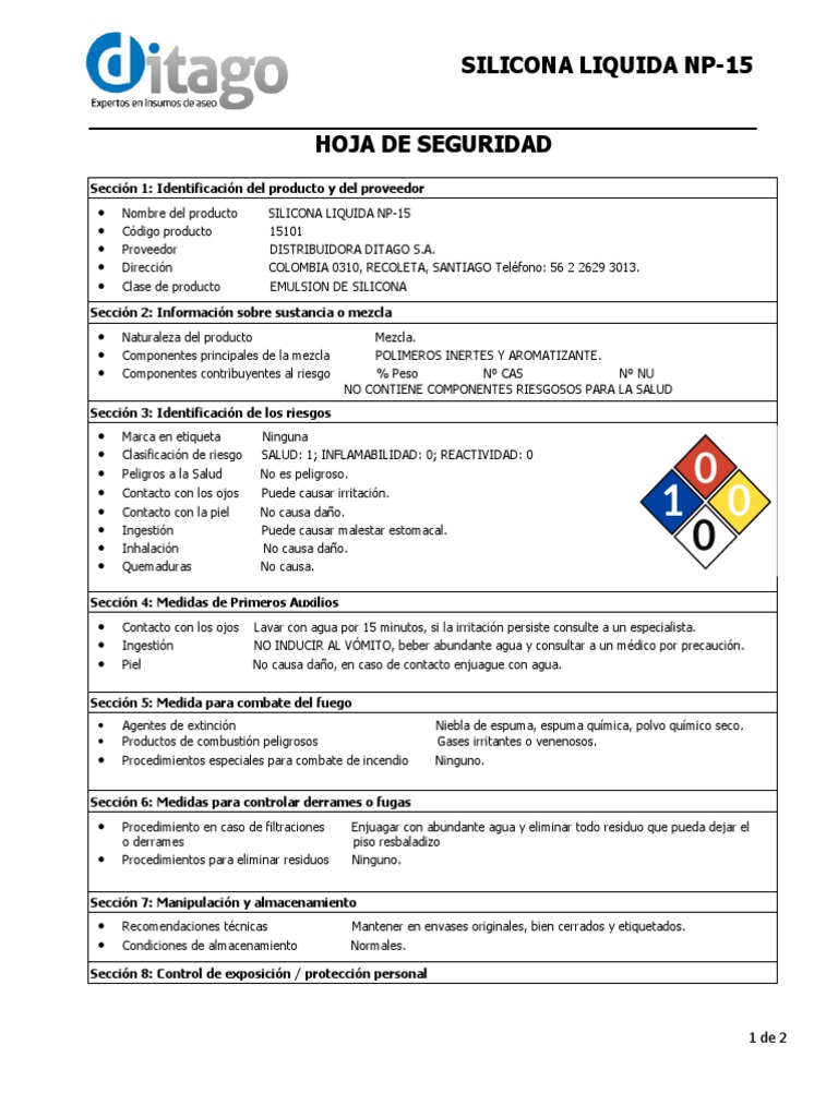 Hoja de seguridad para la silicona líquida NP-15 | PDF | Agua | Silicona