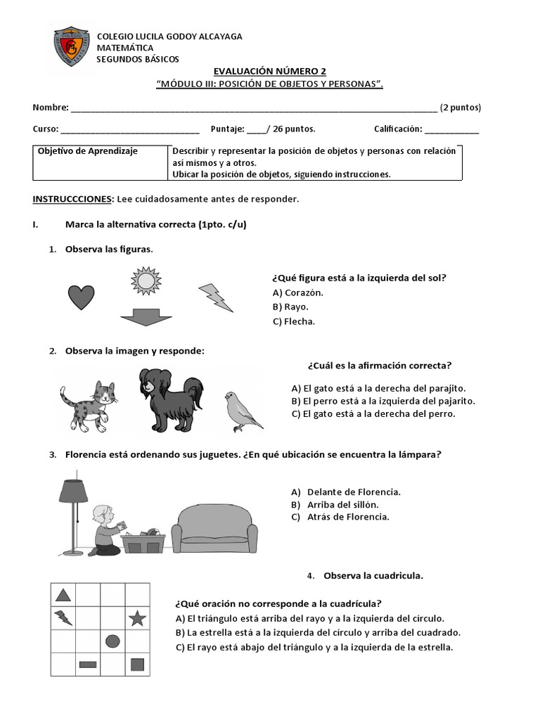 Evaluación Número 2 Segundo Semestre Posición de Objetos y Personas PDF ...