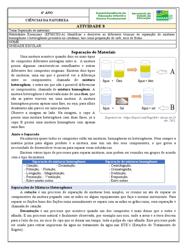 Métodos de Separação de Misturas 6º Ano | PDF | Mistura | Destilação
