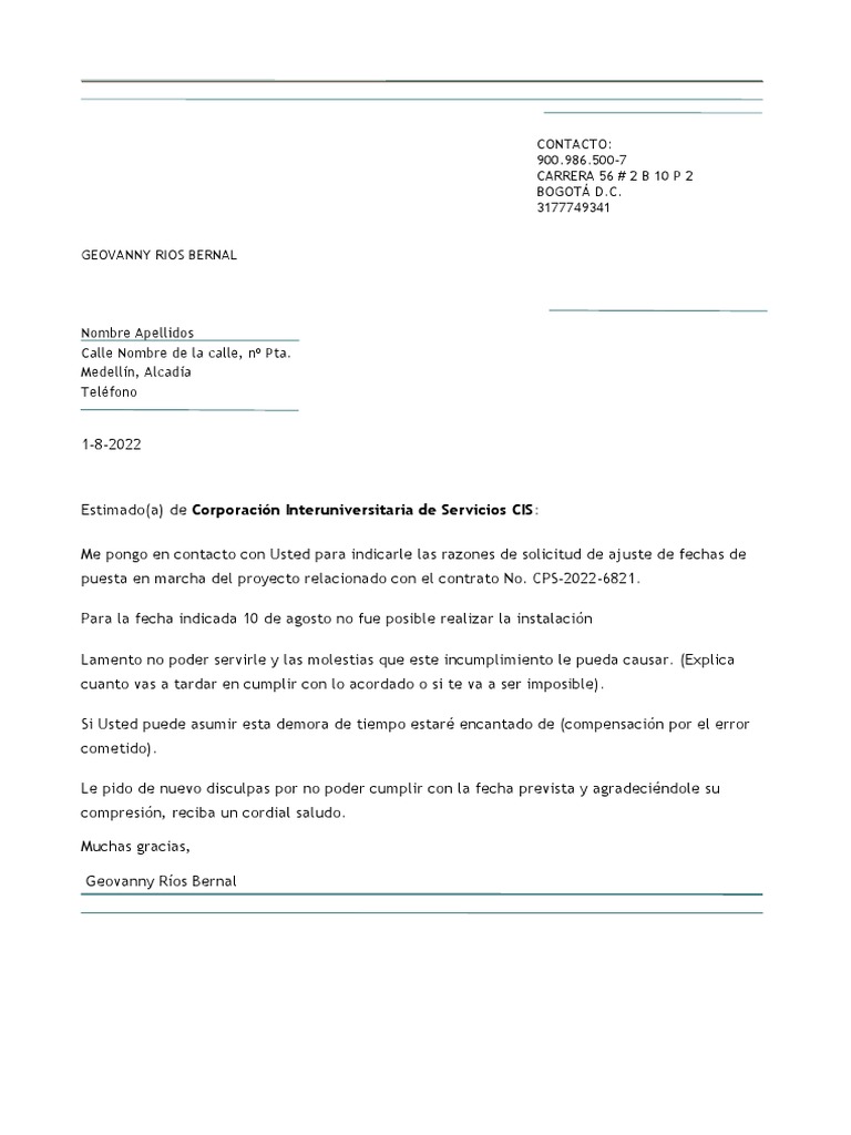Ejemplo de Carta de Disculpa Por Incumplimiento en Word | PDF