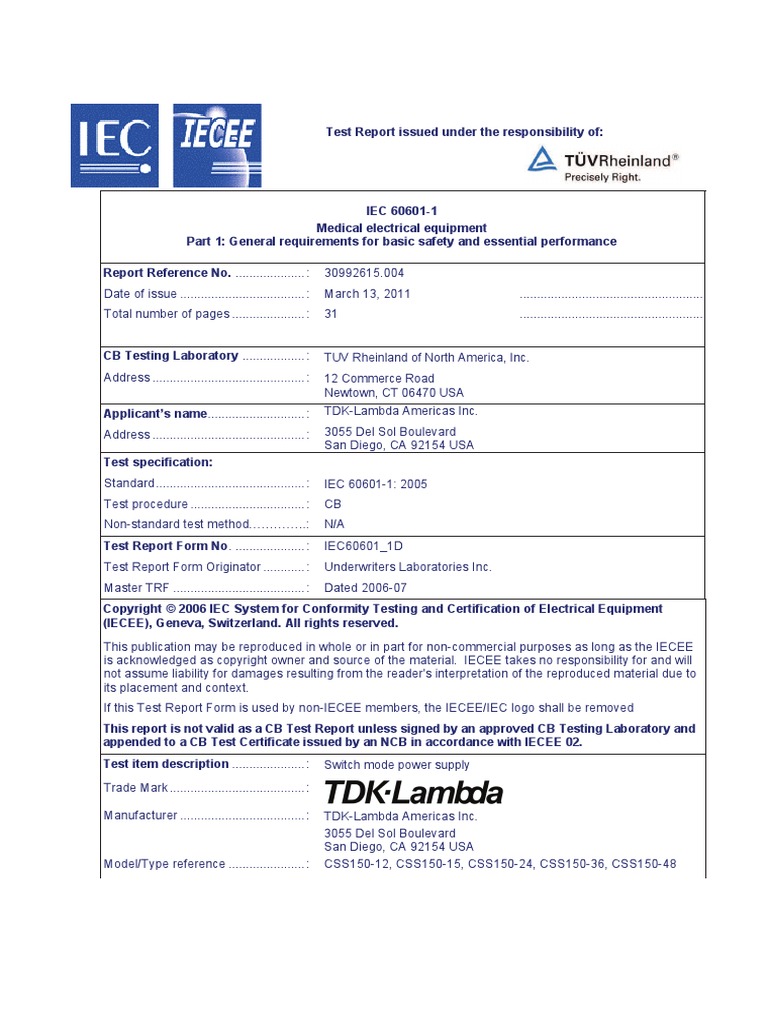 Test Report IEC 60601-1 TDK-Lambda | PDF | Insulator (Electricity ...