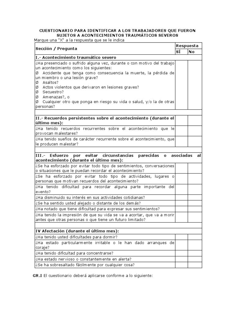 Cuestionario NOM 035: Acontecimientos Traumáticos | PDF | Cuestionario | Asistencia sanitaria ...