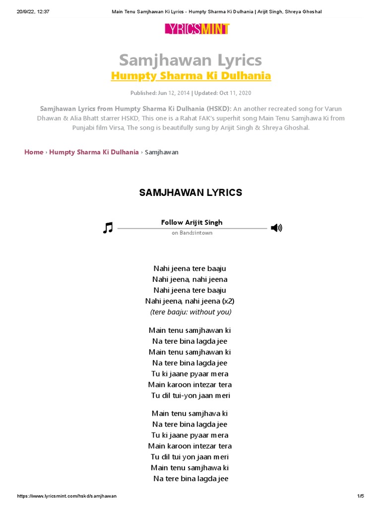 Main Tenu Samjhawan Ki Lyrics - Humpty Sharma Ki Dulhania - Arijit ...