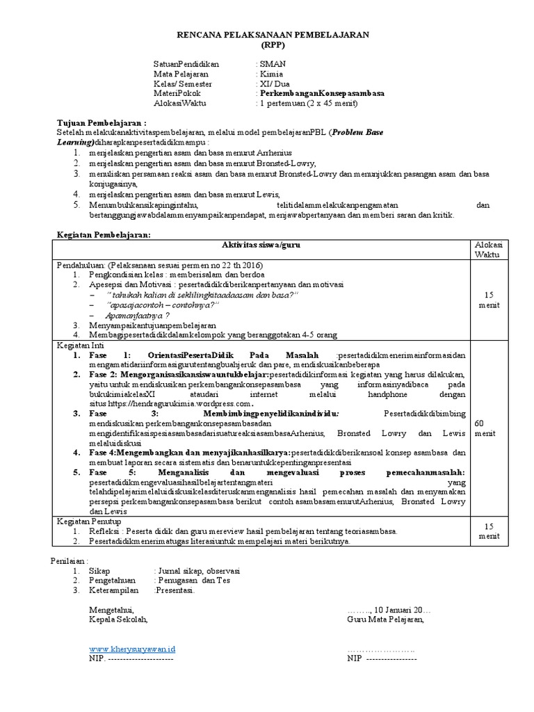 RPP PBL 1 Teori Asam Basa | PDF