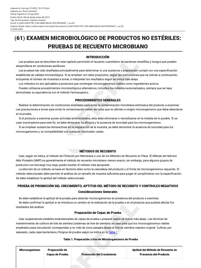 USP-NF 〈61〉 Examen Microbiológico de Productos No Estériles - Pruebas de Recuento Microbiano ...