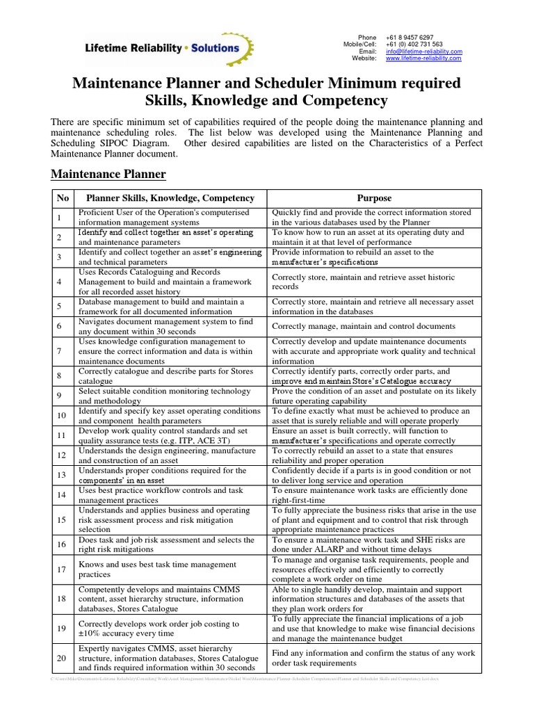 Maintenance Planner and Scheduler Skills and Competency List | PDF ...
