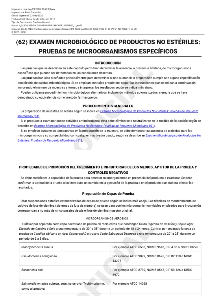 USP-NF 〈62〉 Examen Microbiológico de Productos No Estériles - Pruebas de Microorganismos ...