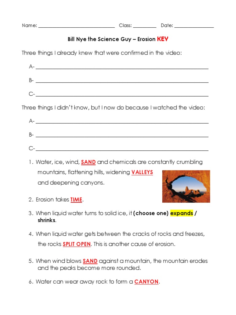 11 Bill Nye - Erosion Worksheet Key | PDF | Erosion | Water