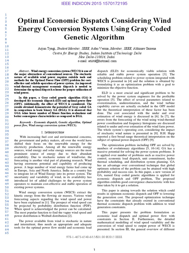 Optimal Economic Dispatch Considering Wind Energy Conversion Systems Using Gray Coded Genetic ...