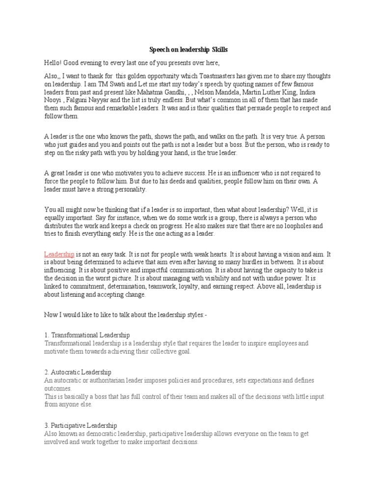 Speech On Leadership Skills | PDF | Leadership | Transformational ...