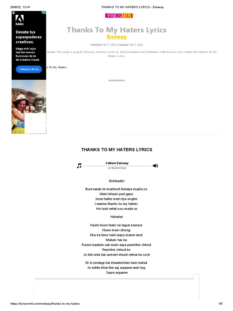Thanks To My Haters Lyrics - Emiway | PDF