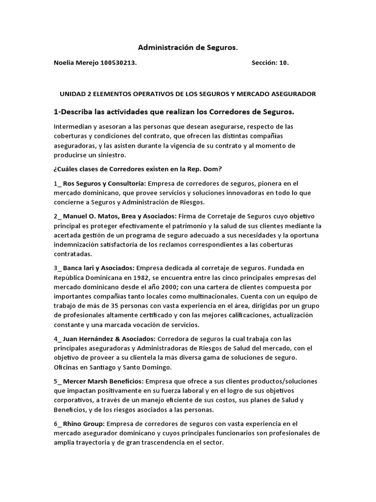 Unidad 2. Tarea Adm de Seguro. | PDF | Seguro | Reaseguro