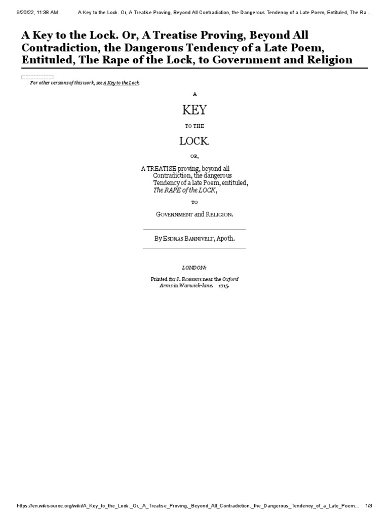 A Key to the Lock. or, A Treatise Proving, Beyond All Contradiction ...