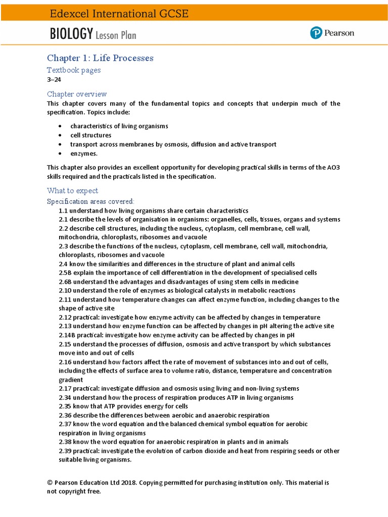 IGCSE - Bio - Lesson Plan 1 - Life Processes | PDF | Cell (Biology ...