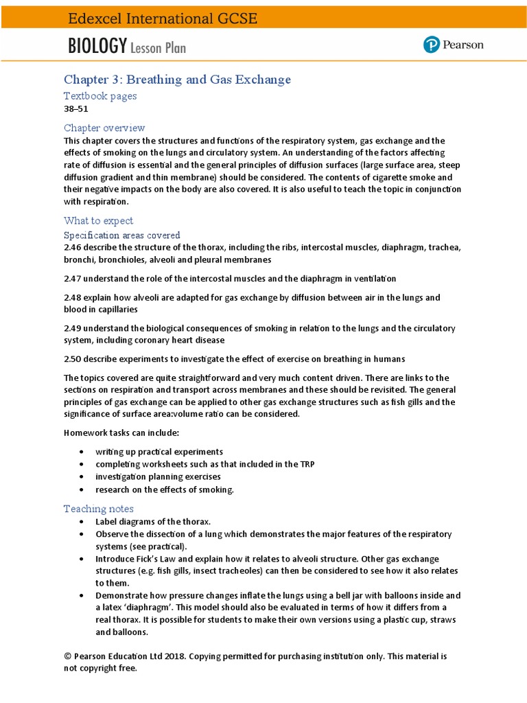 IGCSE - Bio - Lesson Plan 3 - Breathing and Gas Exchange | PDF | Respiratory System | Lung