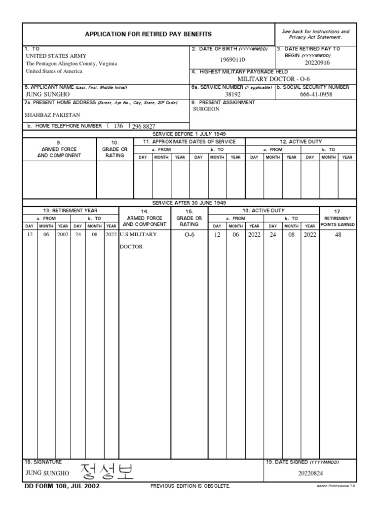 DD Form 108, Application For Retired Pay Benefits, July 2002 | PDF ...