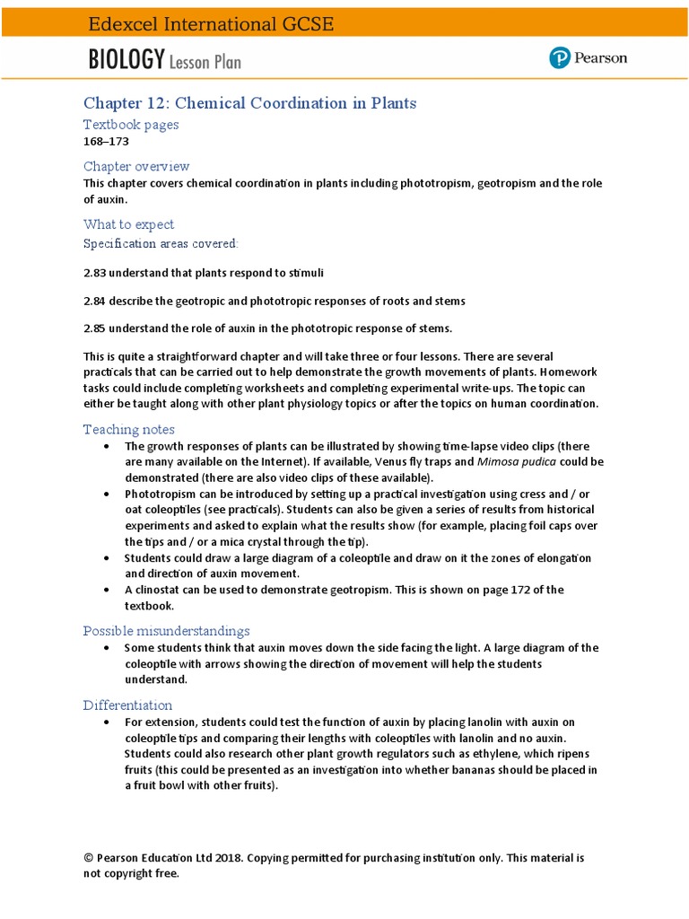 IGCSE - Bio - Lesson Plan 12 - Chemical Coordination in Plants | PDF ...