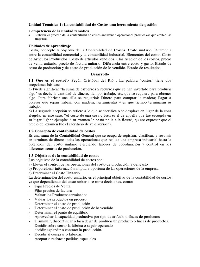 Unidad Temática 1 Contabilidad de Costos | PDF | Costo | Contabilidad