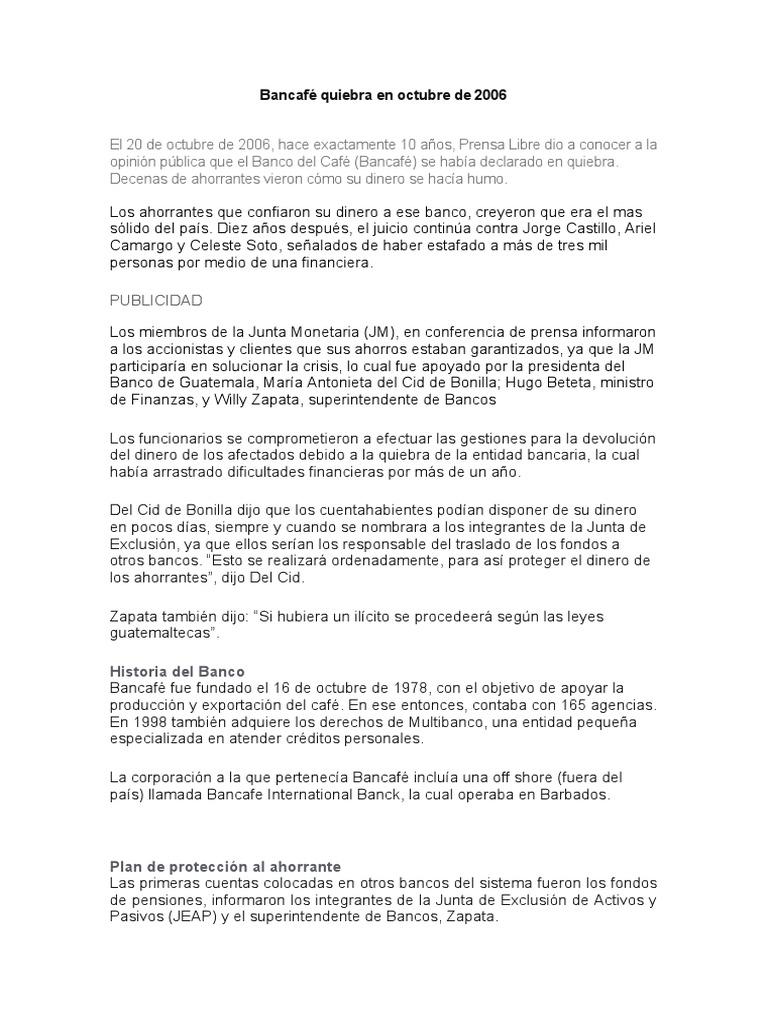 Quiebra de Bancafé: Impacto y Consecuencias | PDF | Bancos | Guatemala
