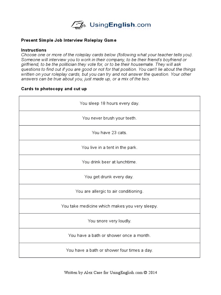 Present Simple Job Interview Roleplay Game | PDF