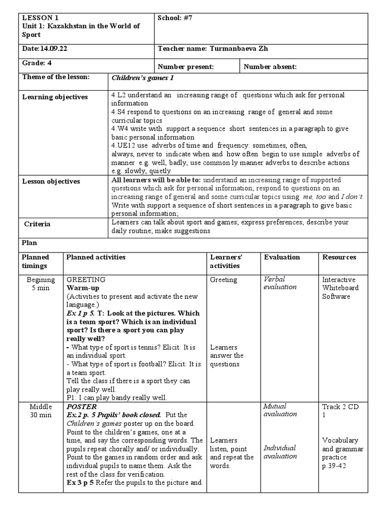 Grade 4 Civic Education: Sports Lesson | PDF | Learning | Curriculum