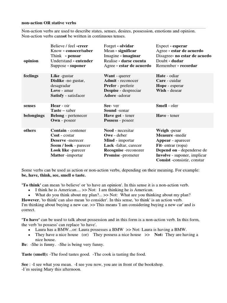 Action Non Action Verbs | PDF | Linguistics | Cognitive Science
