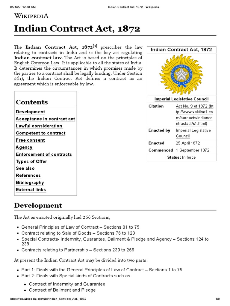 Indian Contract Act, 1872 | PDF | Law Of Agency | Consideration