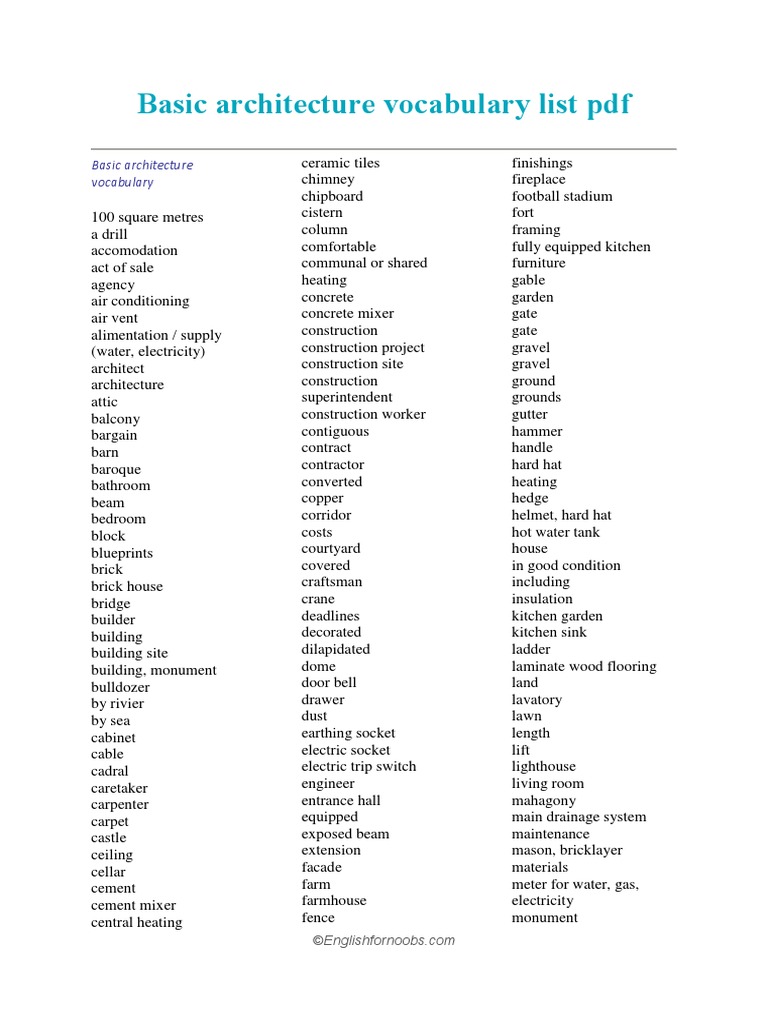 Basic Architecture Vocabulary List | PDF | Basement | Concrete
