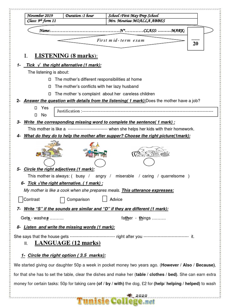 Devoir de Contrôle N°1 - Anglais - 9ème (2019-2020) Mme Moutiaa | PDF Devoir de Contrôle N°1 - Anglais - 9ème (2019-2020) Mme Moutiaa | PDF