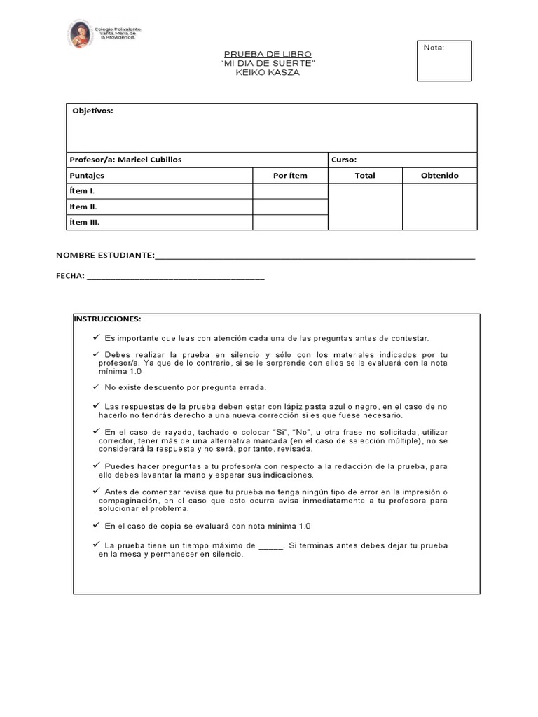 Prueba Del Libro Mi Dia de Suerte | PDF