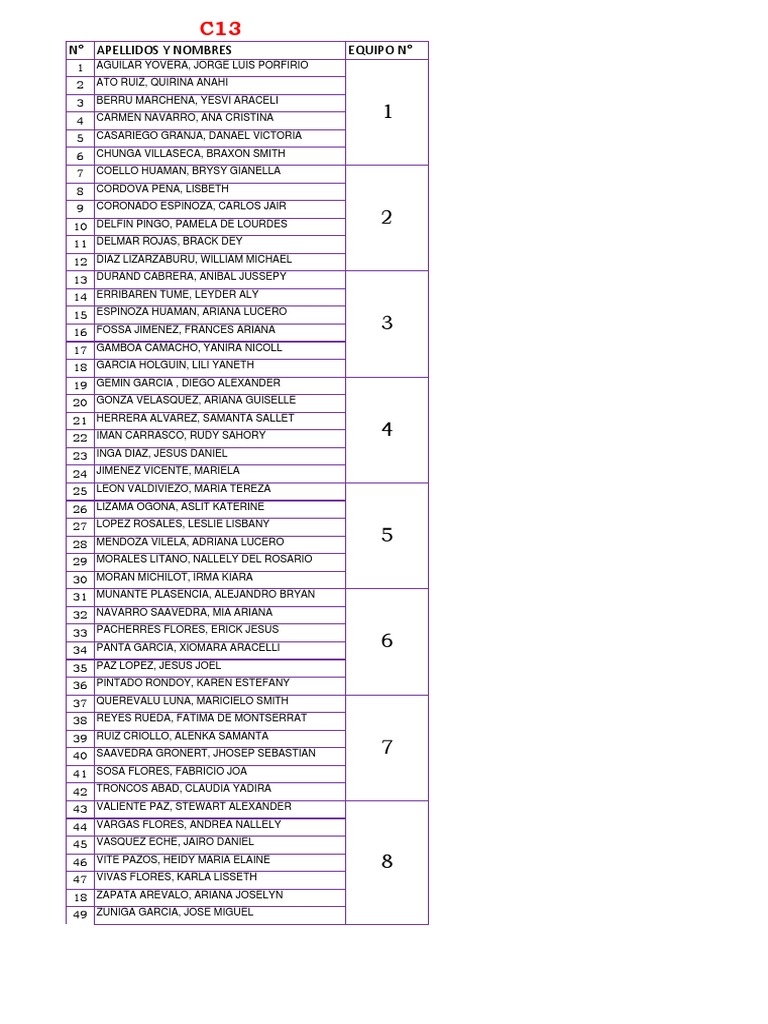 N° Apellidos Y Nombres Equipo N° | PDF
