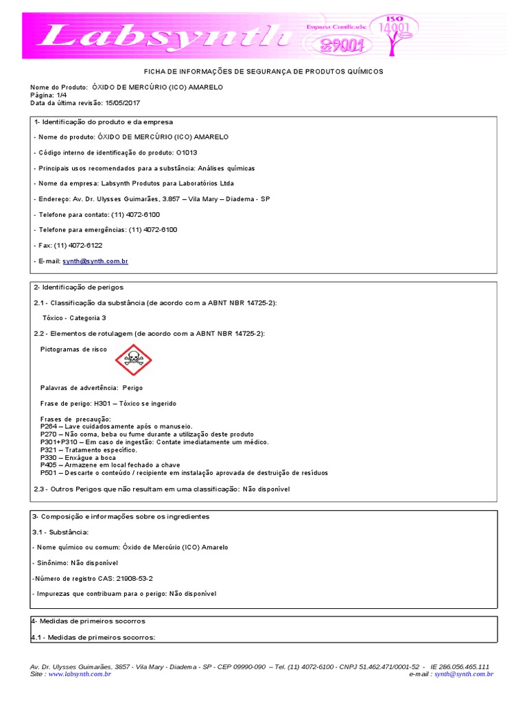 Ficha de Informações de Segurança de Produtos Químicos | PDF | Mercúrio ...