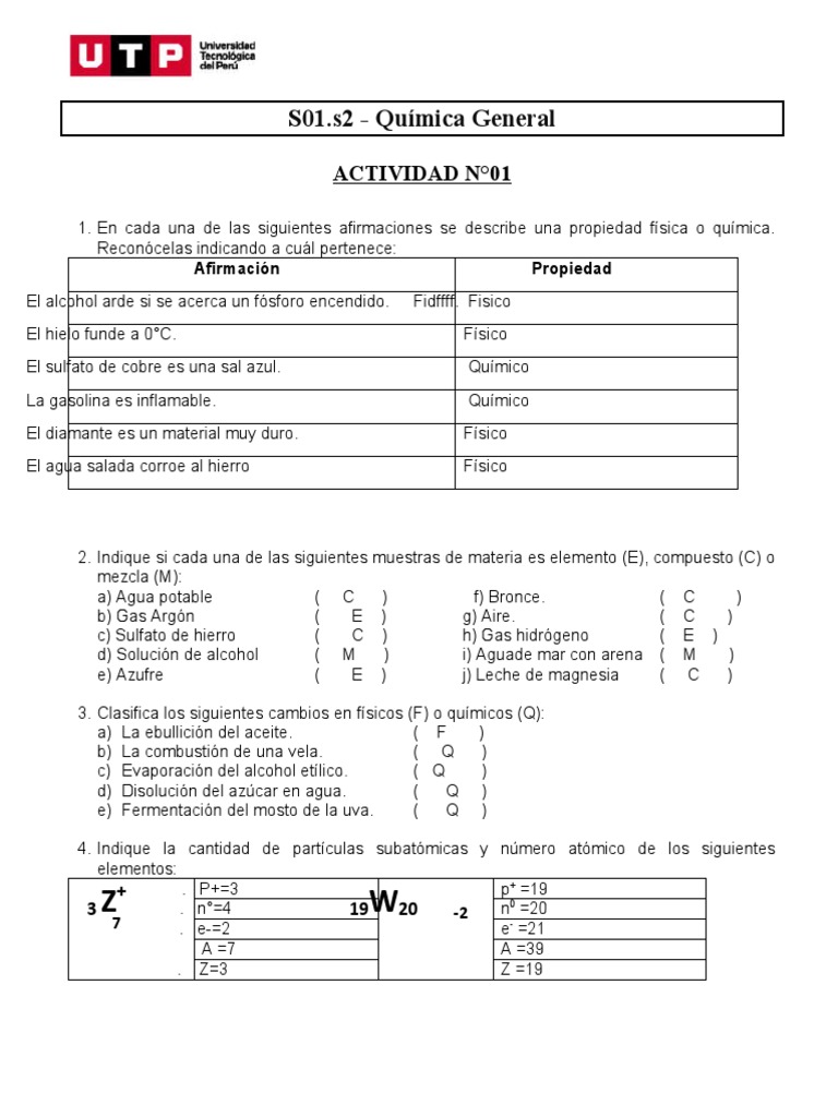 I02N - Quimica. Ejercicios - S01.s2 - 2014803524 | PDF