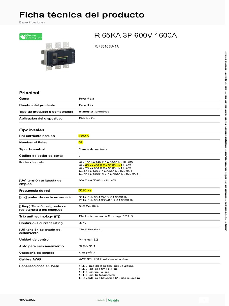 Interruptores de Caja Moldeada Powerpact Marco R - RJF36160U41A | PDF ...