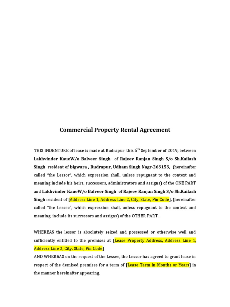 Commercial Property Rental Agreement Format | PDF | Lease | Urban