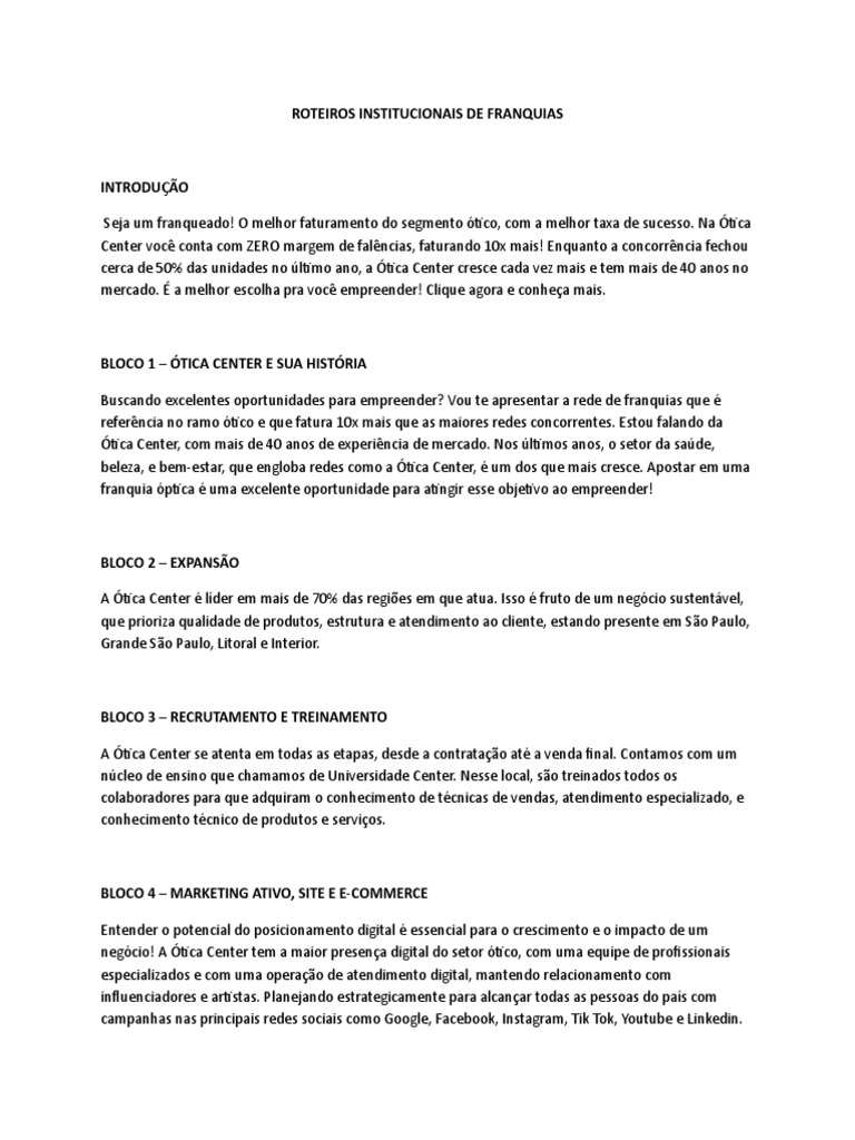 Roteiro de Franquias - Ticiane Pinheiro v2 | PDF | Rede social | E-commerce