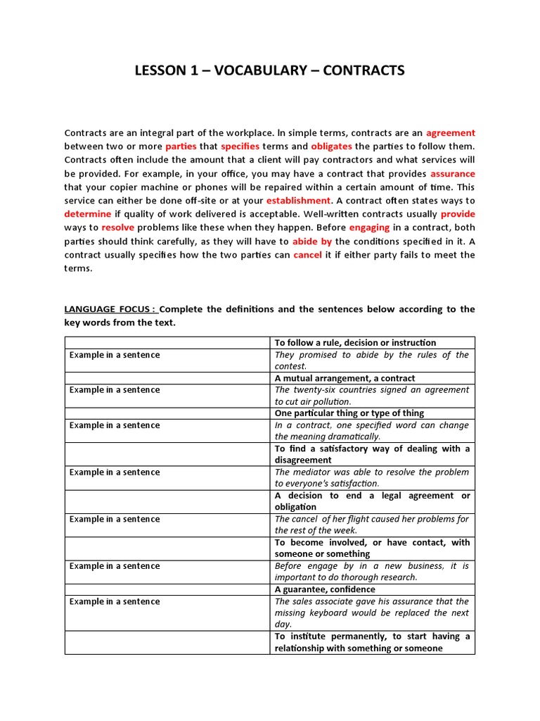 Lesson 1 - Contracts | PDF | Verb | Adjective