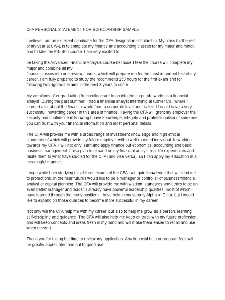 Cfa Scholarship Personal Statement Sample | PDF | Financial Analyst | Economies